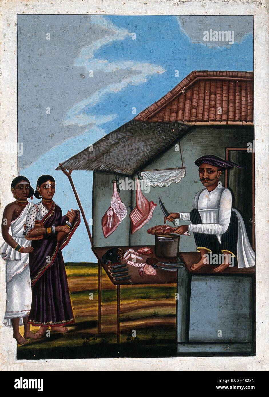 Indian butcher selling meat to some customers. Gouache drawing Stock ...