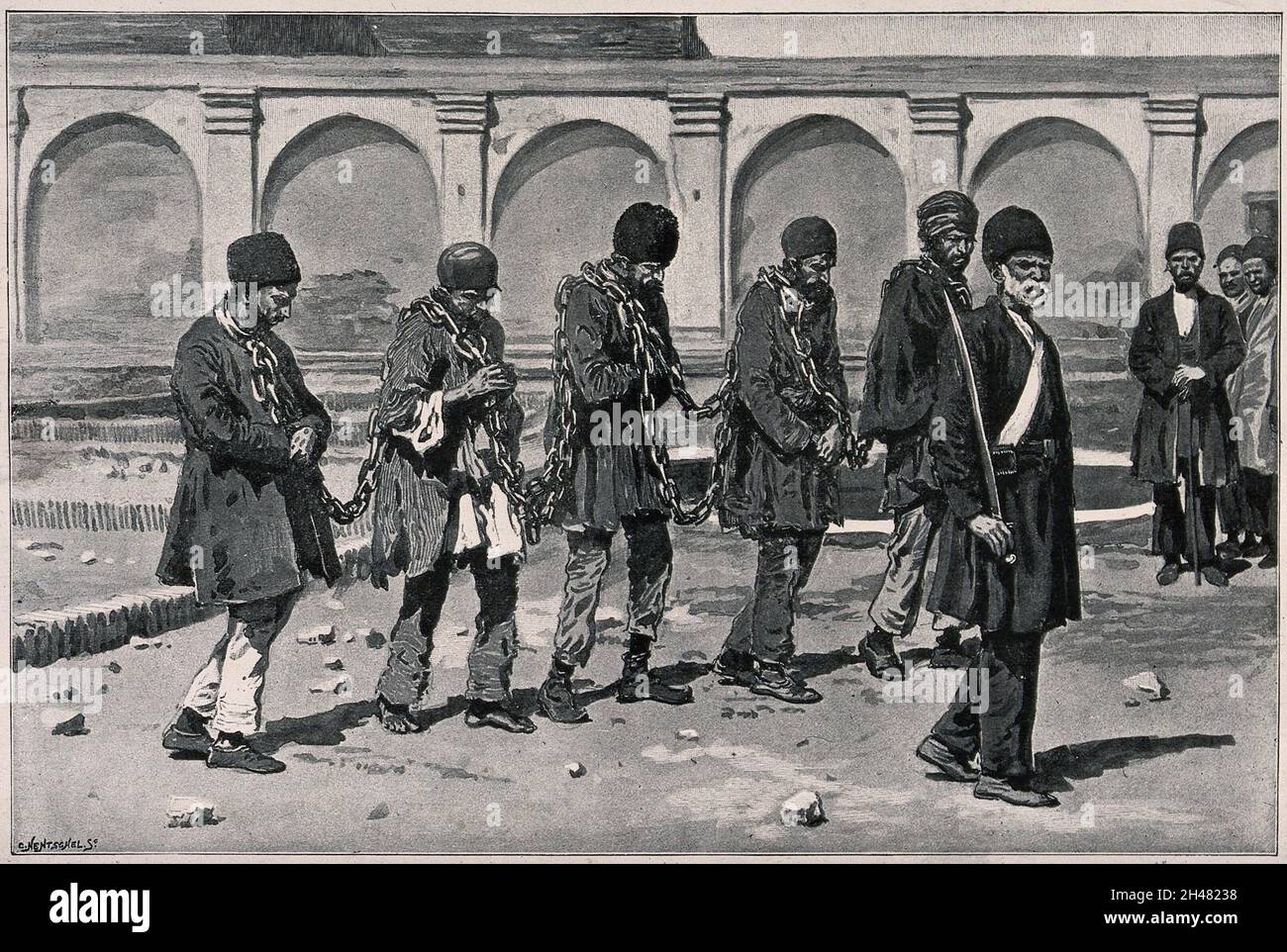 Five prisoners in Persia walking around a yard bound together by chains ...