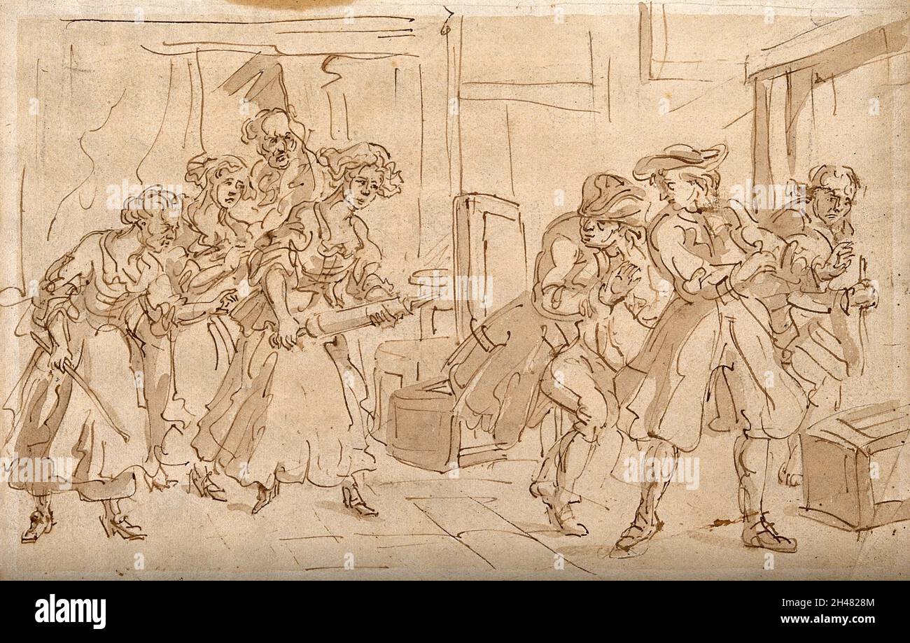 Three women, one of them wielding an enormous syringe approach three ...