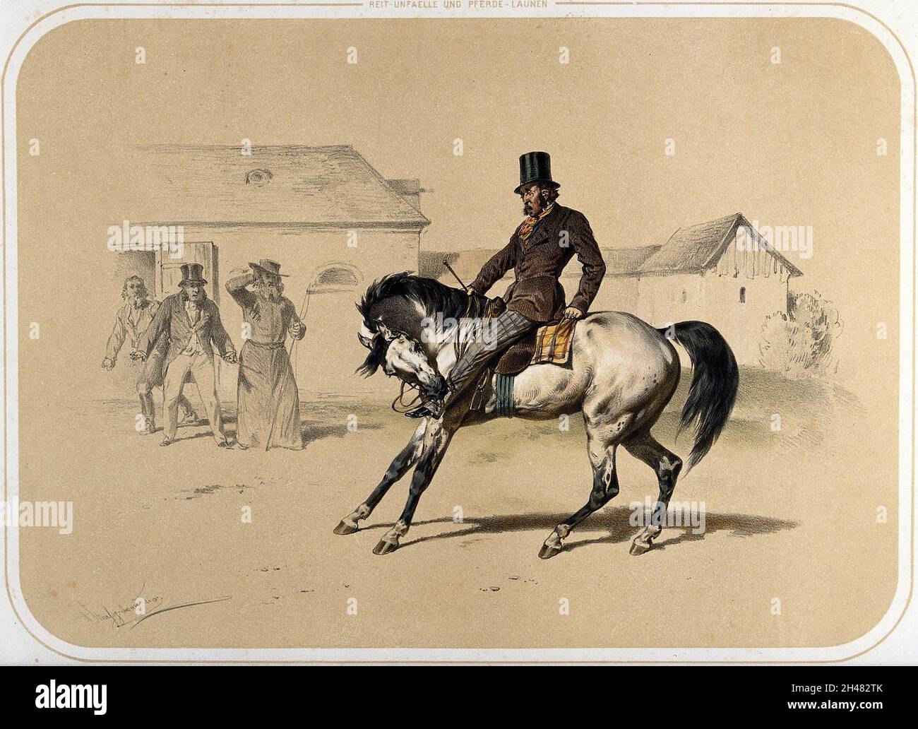 A horse bites the shin of its grimacing rider, in a stable-yard; the ...