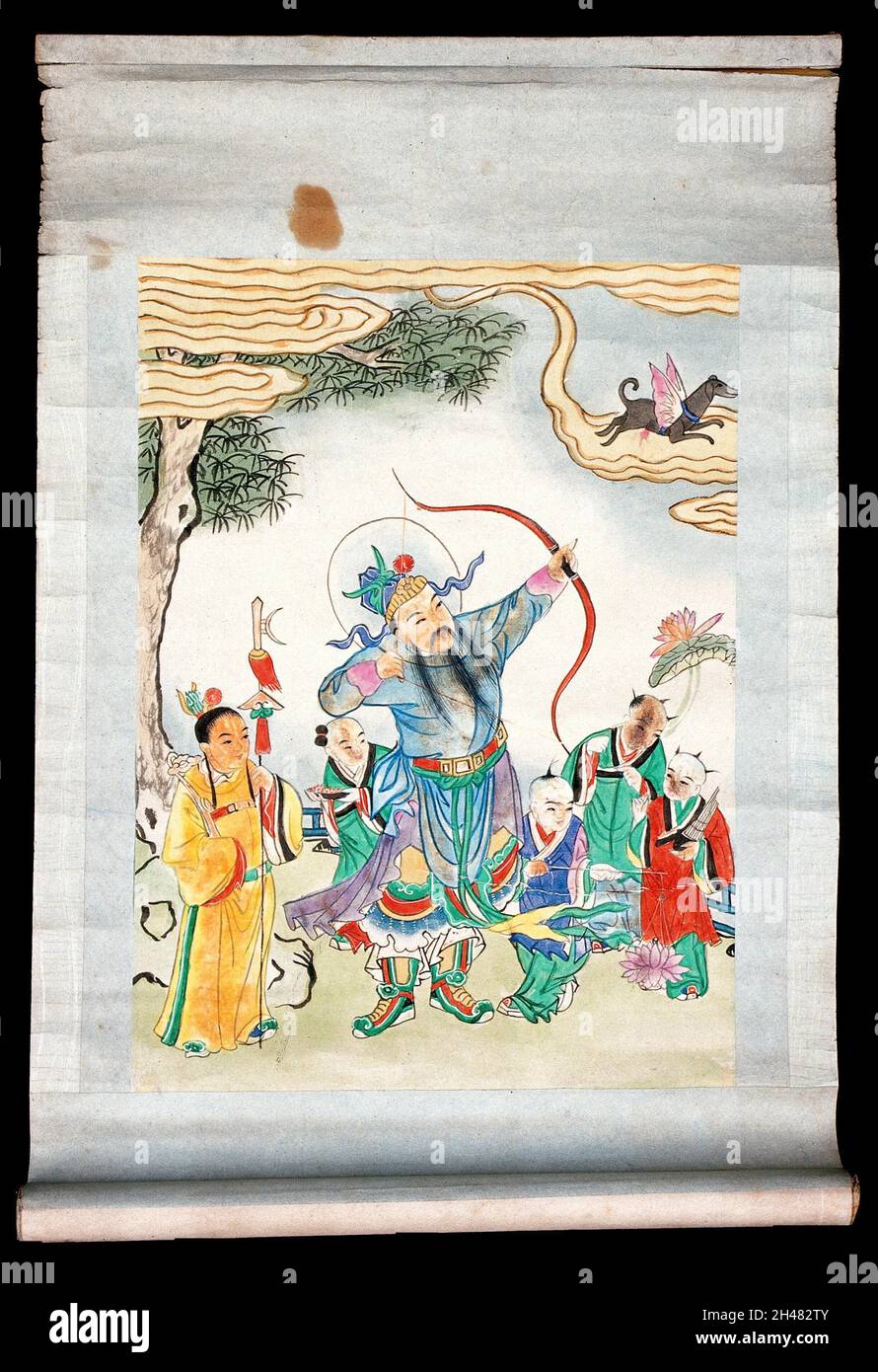 A Chinese hunter shooting an arrow at a winged dog. Gouache painting by ...