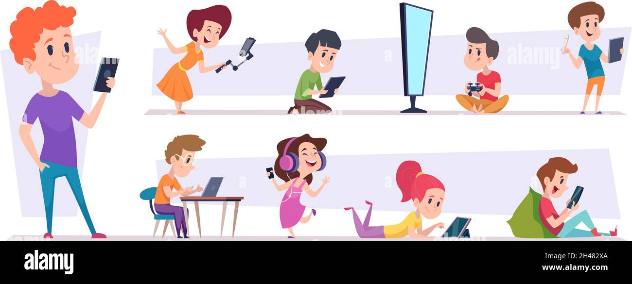 Children holding gadgets. Smart technology for distance kids learning ...
