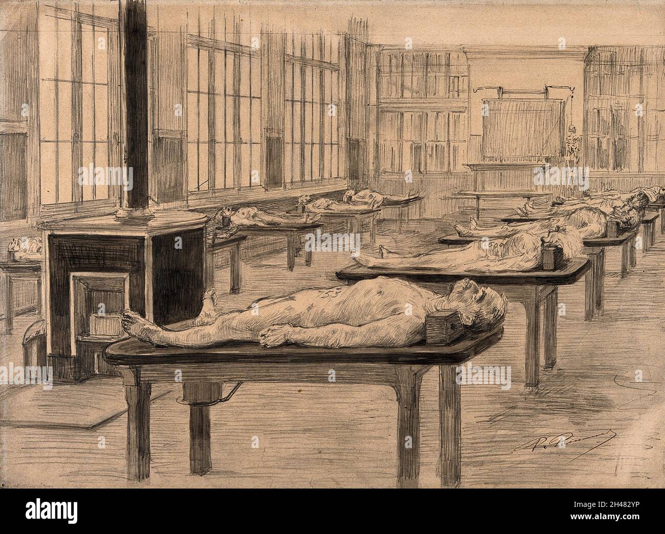 Interior of a dissecting room with cadavers laid out on tables. Drawing ...