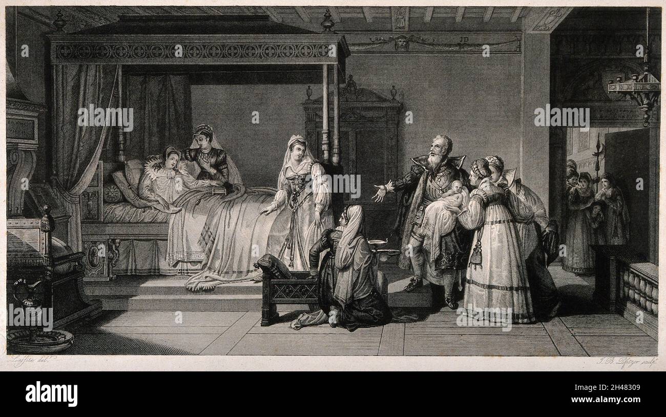 The birth of Henri of Navarre (Henry IV King of France). Line engraving ...