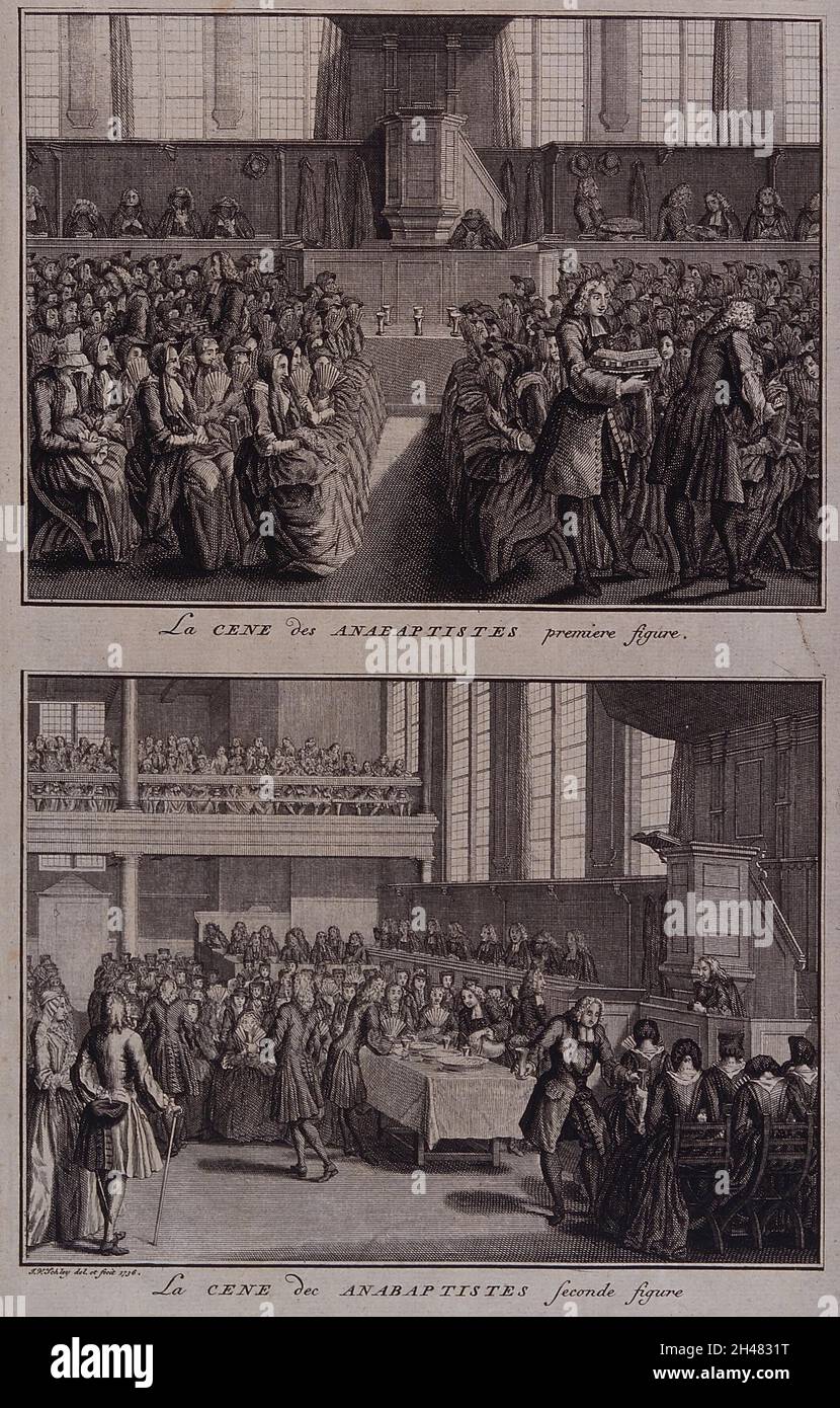 The communion as practiced by the Anabaptists: two scenes. Etching by J ...