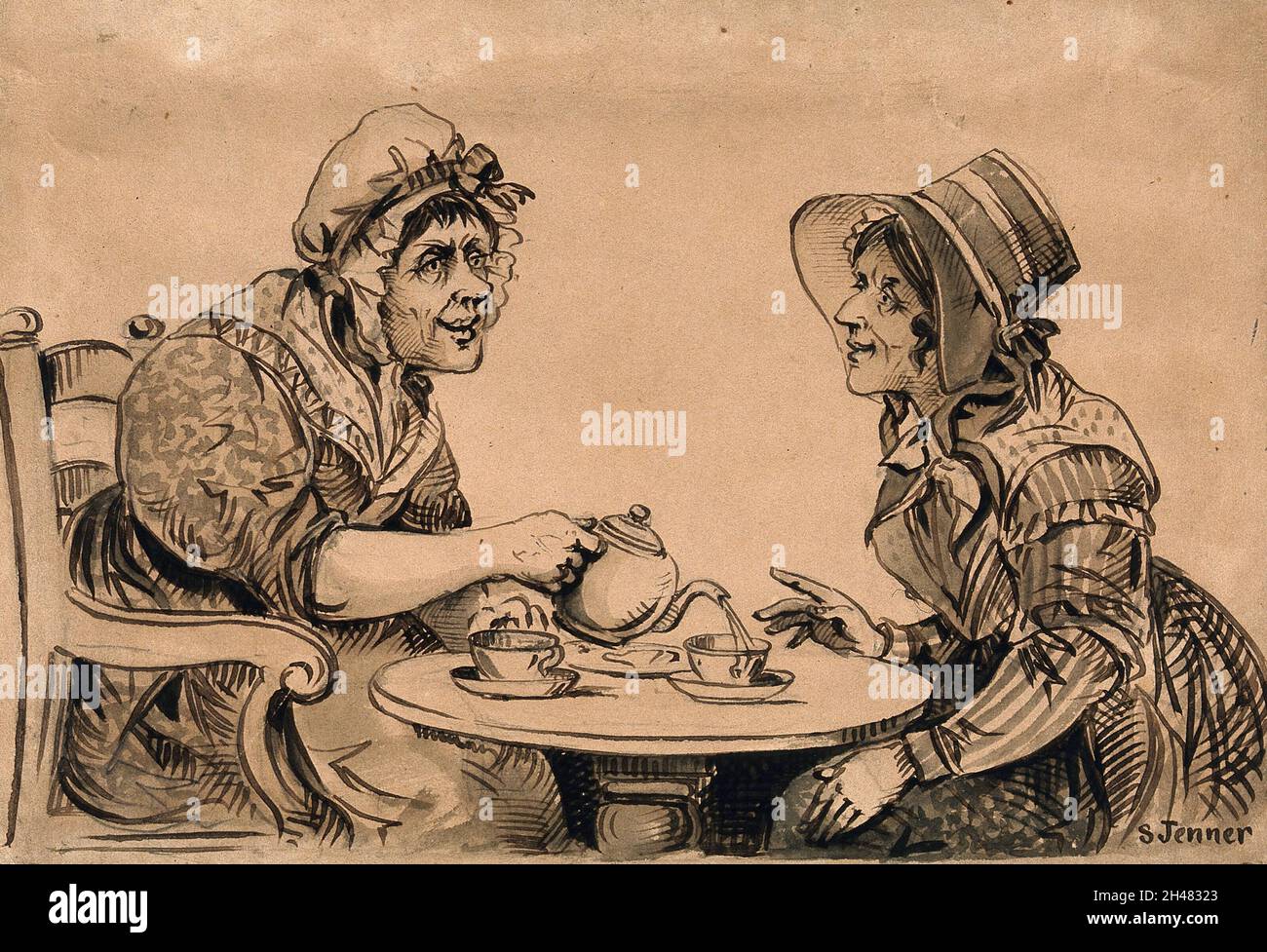Two women taking tea at a small round table. Ink drawing by S. Jenner ...