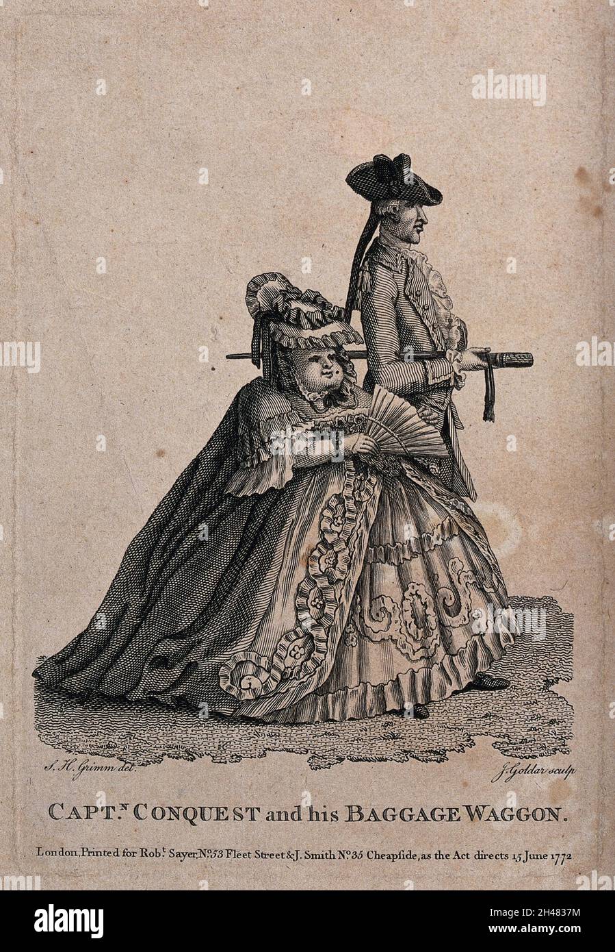 A tall thin man accompanied by a short fat lady carrying a fan ...