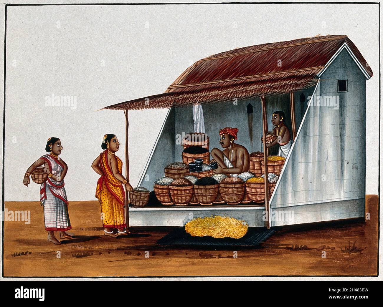 Two women at a shop selling grains and pulses. Watercolour by an Indian ...
