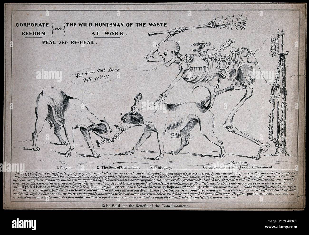 A skeleton tries to separate two dogs representing the Whig and Tory ...