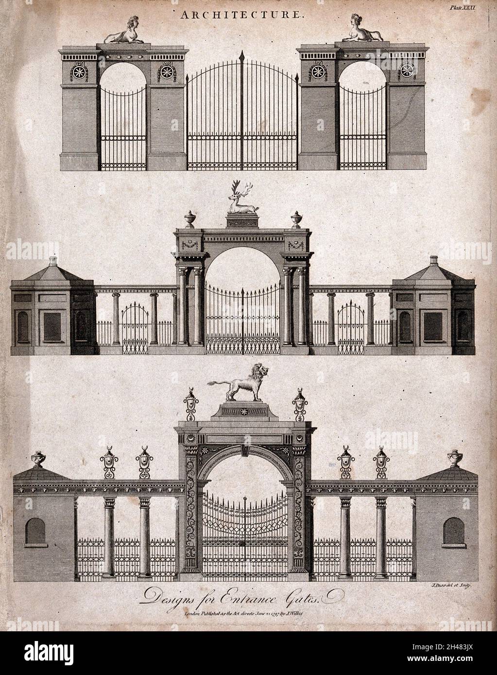 Architecture: three designs for gates to country houses. Engraving by J ...
