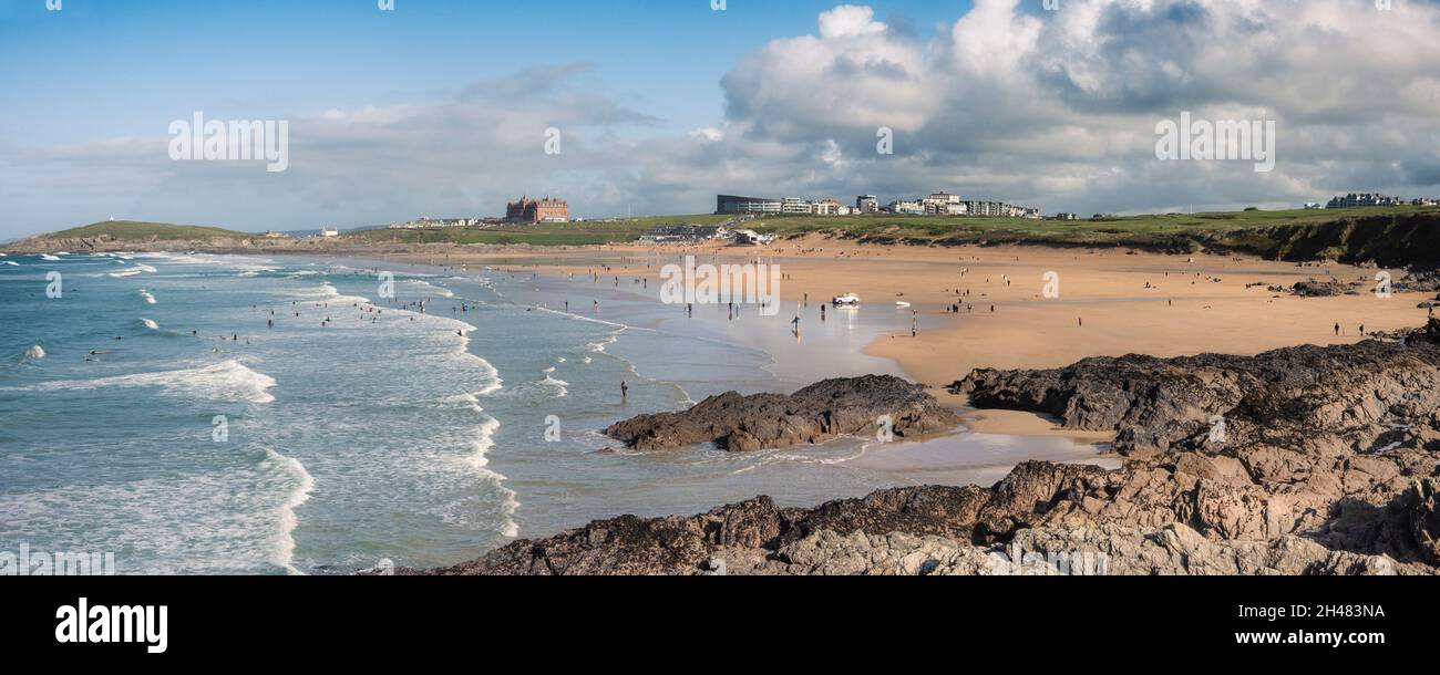 A panoramic view of Fistral Beach at low tide seen from South Fistral ...