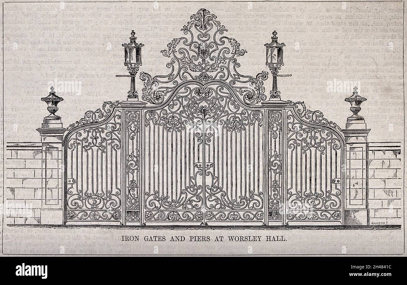 Architecture: decorative iron gates at Worsley Hall, Lancashire. Wood ...