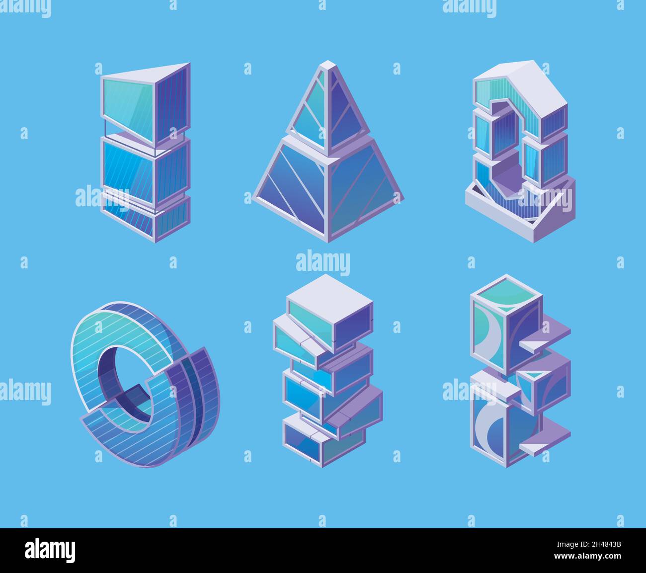 Futuristic buildings. Isometric modern skyscrapers geometric fantasy ...