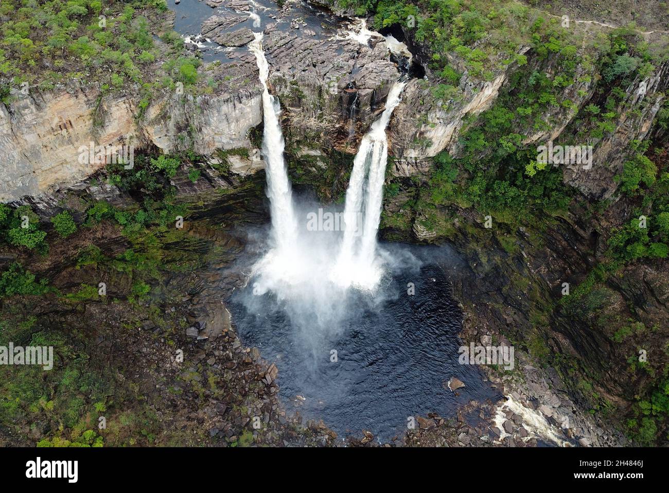 Aerial view of waterfalls in Chapada dos Veadeiros National Park in the ...