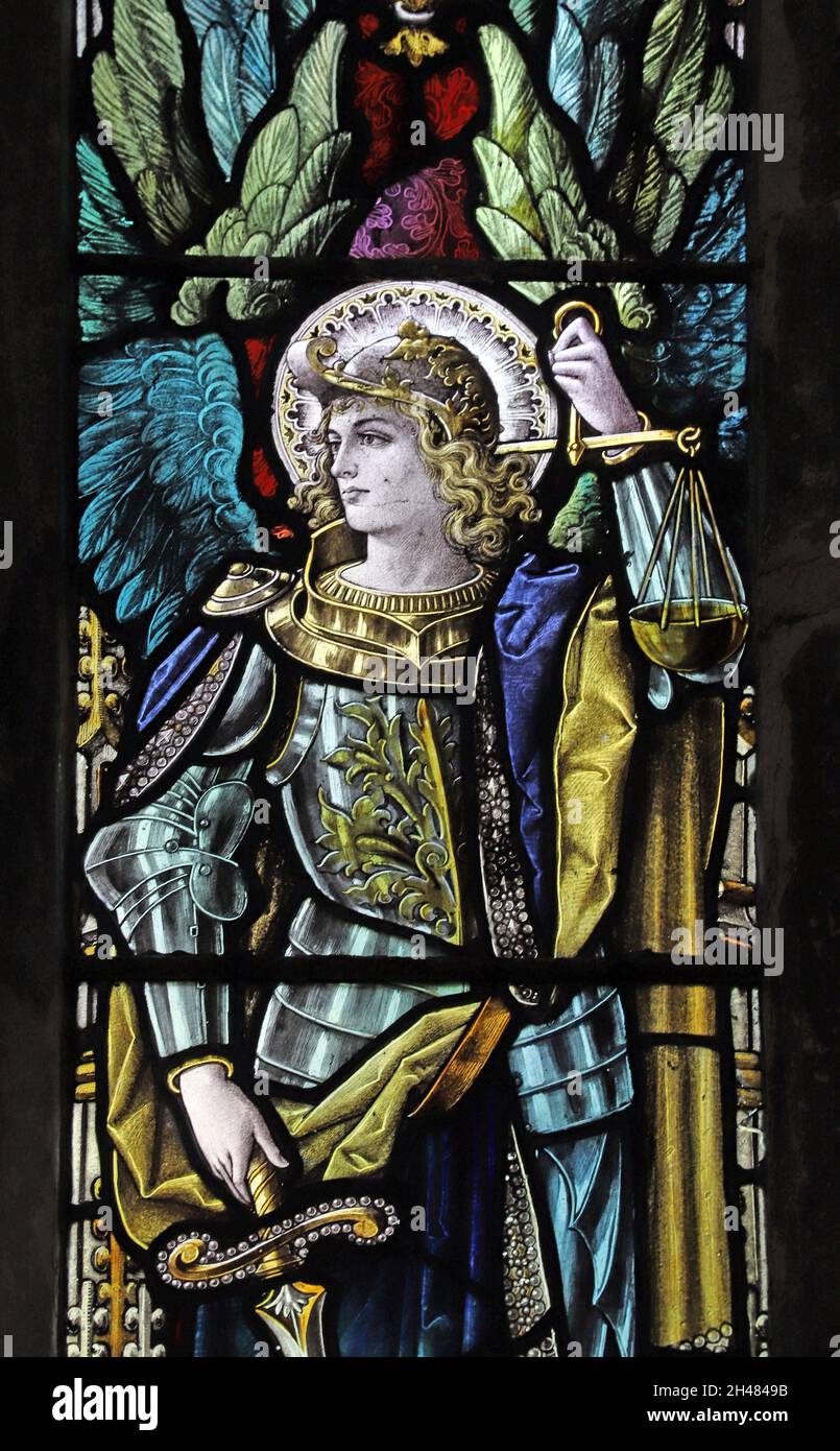 A stained glass window by Percy Bacon & Brothers depicting Archangel ...