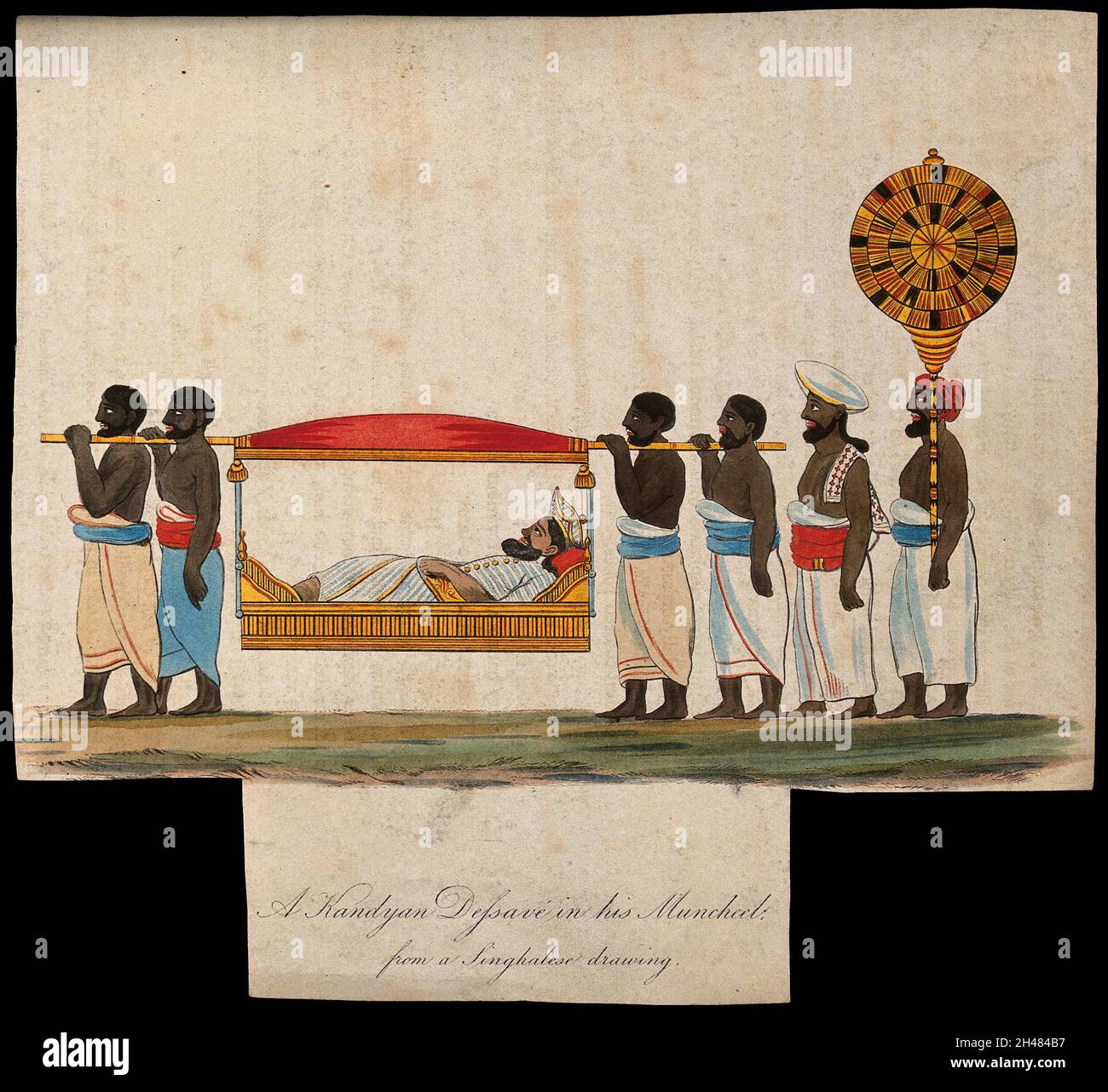 A man lying in a litter, being carried by four men. Coloured etching ... A man lying in a litter, being carried by four men. Coloured etching ...