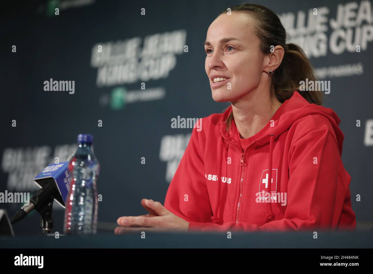 Martina Hingis, coach of Switzerland, speaks during a press conference ...