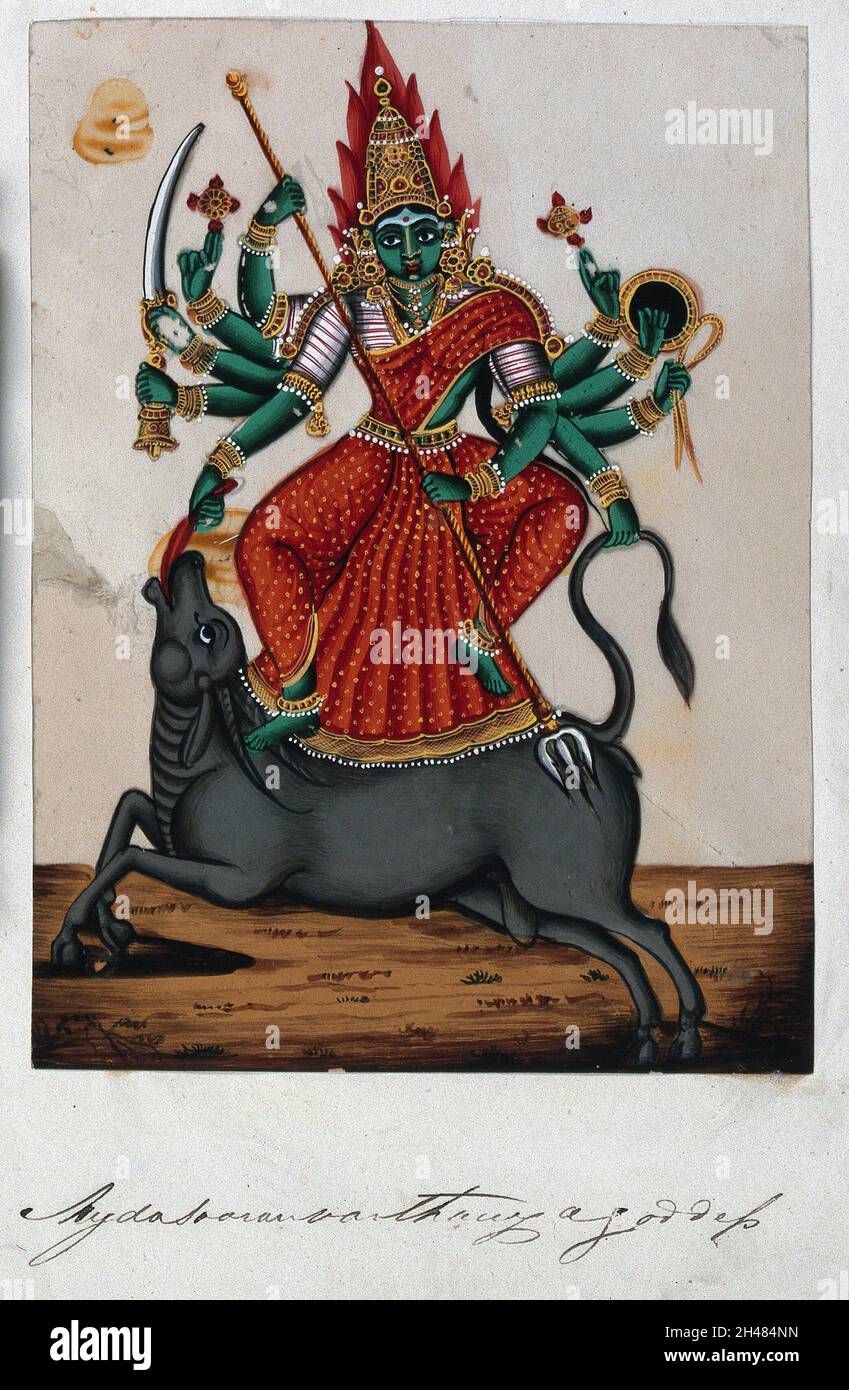Durga slaying the buffalo demon, Mahishasura. Gouache painting on mica ...