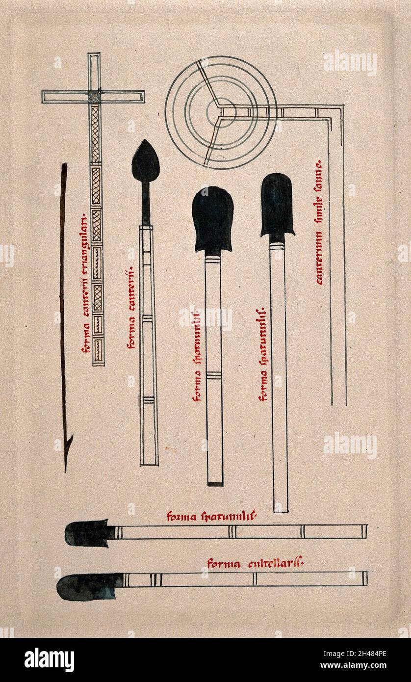 Surgical instruments used for cauterising, mainly spatulas. Drawing ...