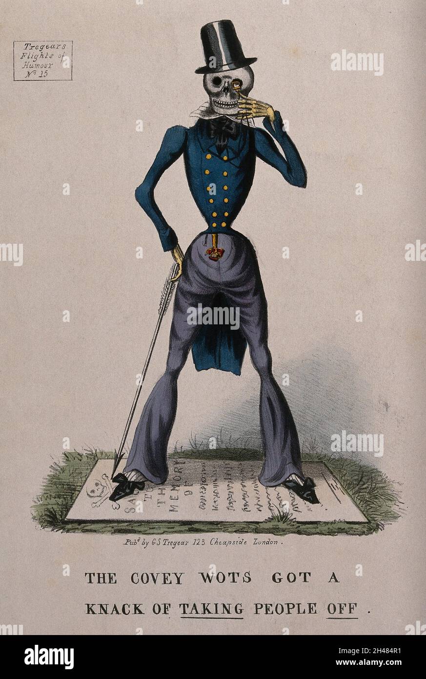 Death dressed as a fine gentleman stands on a tombstone.Lithograph ...