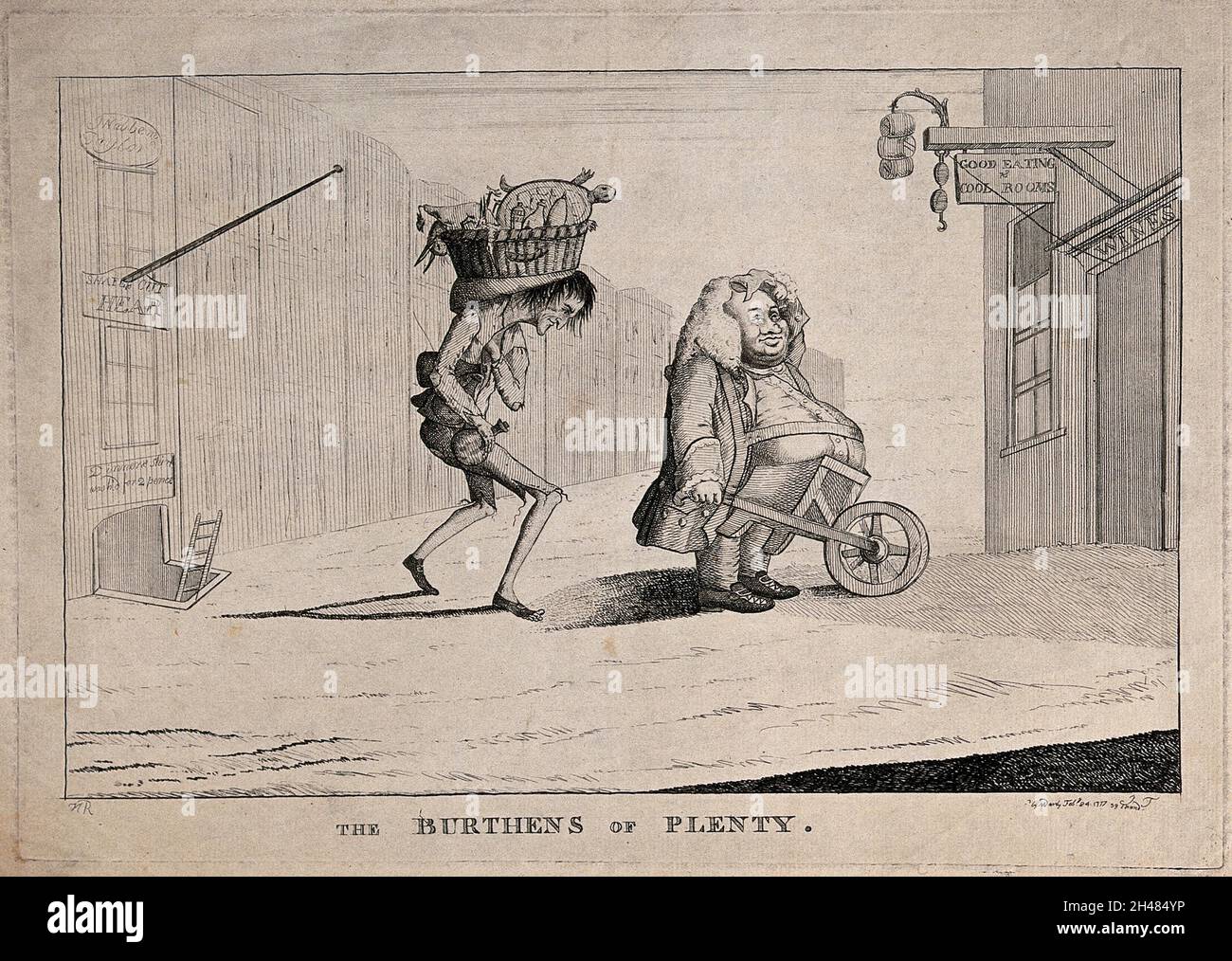 A fat man who is supports his stomach on a wheelbarrow is followed to a ...