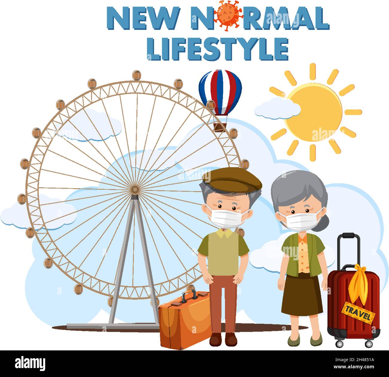 New normal lifestyle with old couple travelling illustration Stock ...