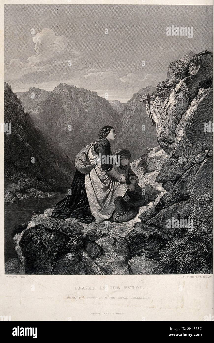 Two women praying before a crucifix in the mountains. Engraving by P ...