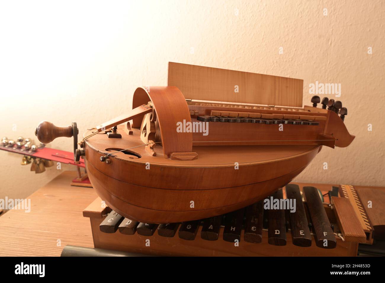 Closeup shot of a hurdy-gurdy instrument, a mechanical string ...