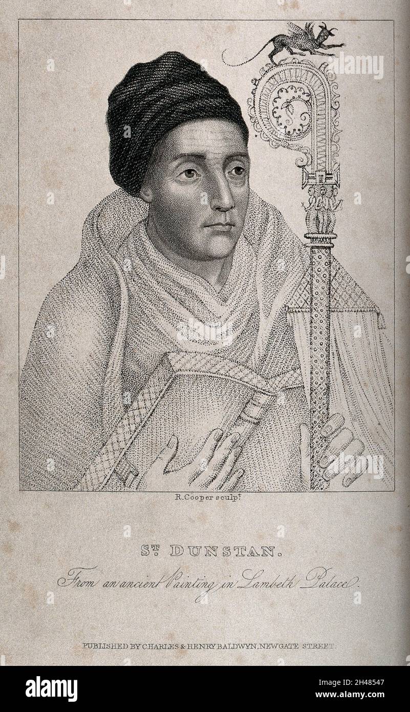 Saint Dunstan. Stipple engraving by R. Cooper Stock Photo - Alamy