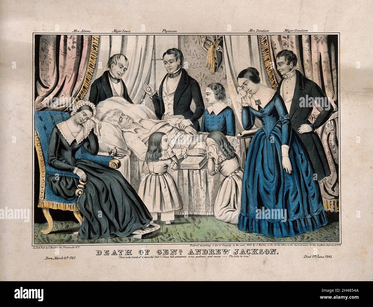 The death of President Andrew Jackson in Washington, 1845. Coloured ...