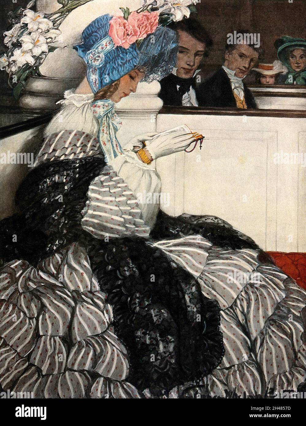 A young woman dressed in a gown, bonnet and stole and reading a book is ...