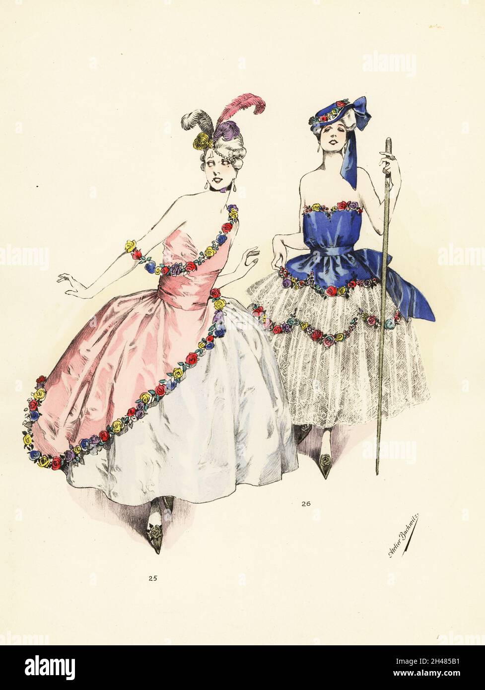Women in fancy dress costumes as Madame Pompadour and Marie Antoinette ...