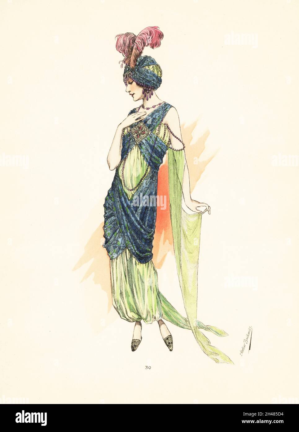 Woman in fancy-dress costume as Scheherazade. Robe in Nile-green crepe ...