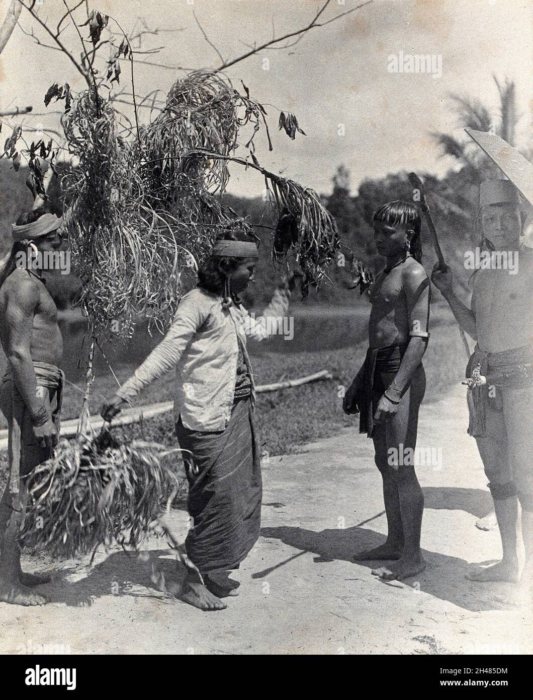 Sarawak: a Kayan woman dancing with the head of an enemy. Photograph ...