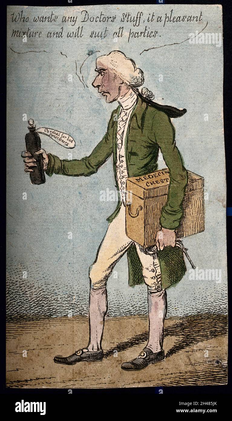 Henry Addington, Lord Sidmouth, holding a bottle of medicine. Coloured ...