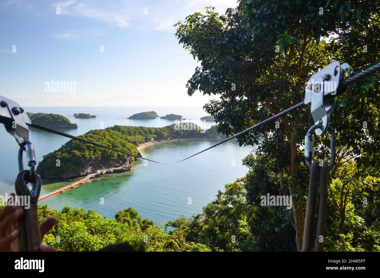 Zip line of the scenic Hundred Islands National Park in Luzon ...