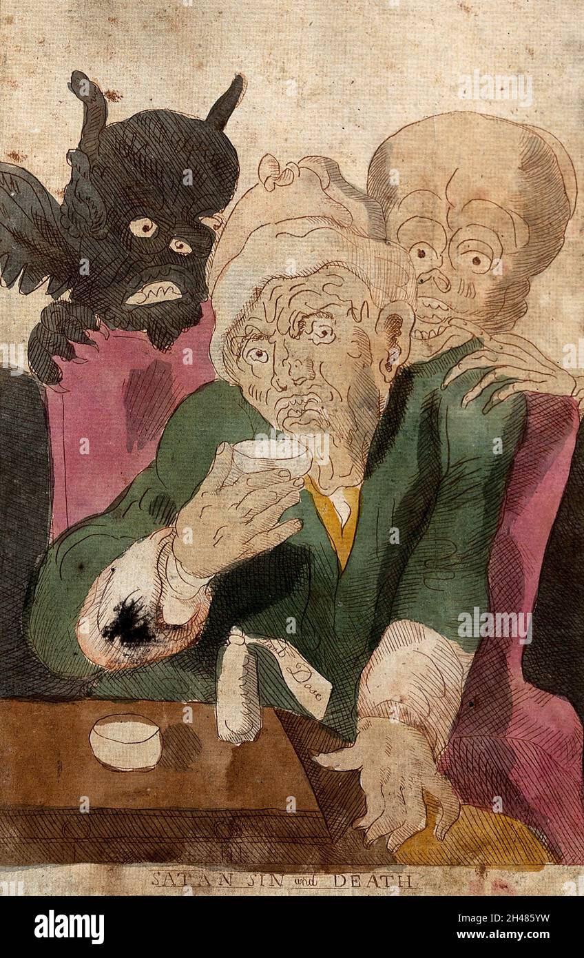 An old man drinks from a cup while a devil and a skeleton stand behind ...