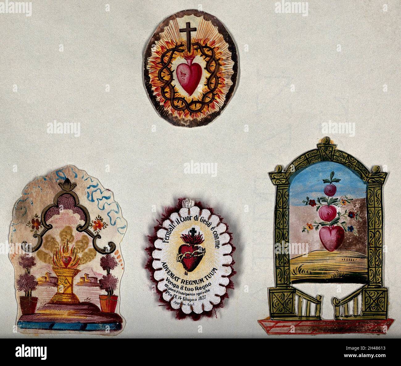 Four images of the Sacred Heart; left: the Sacred Heart on an altar ...