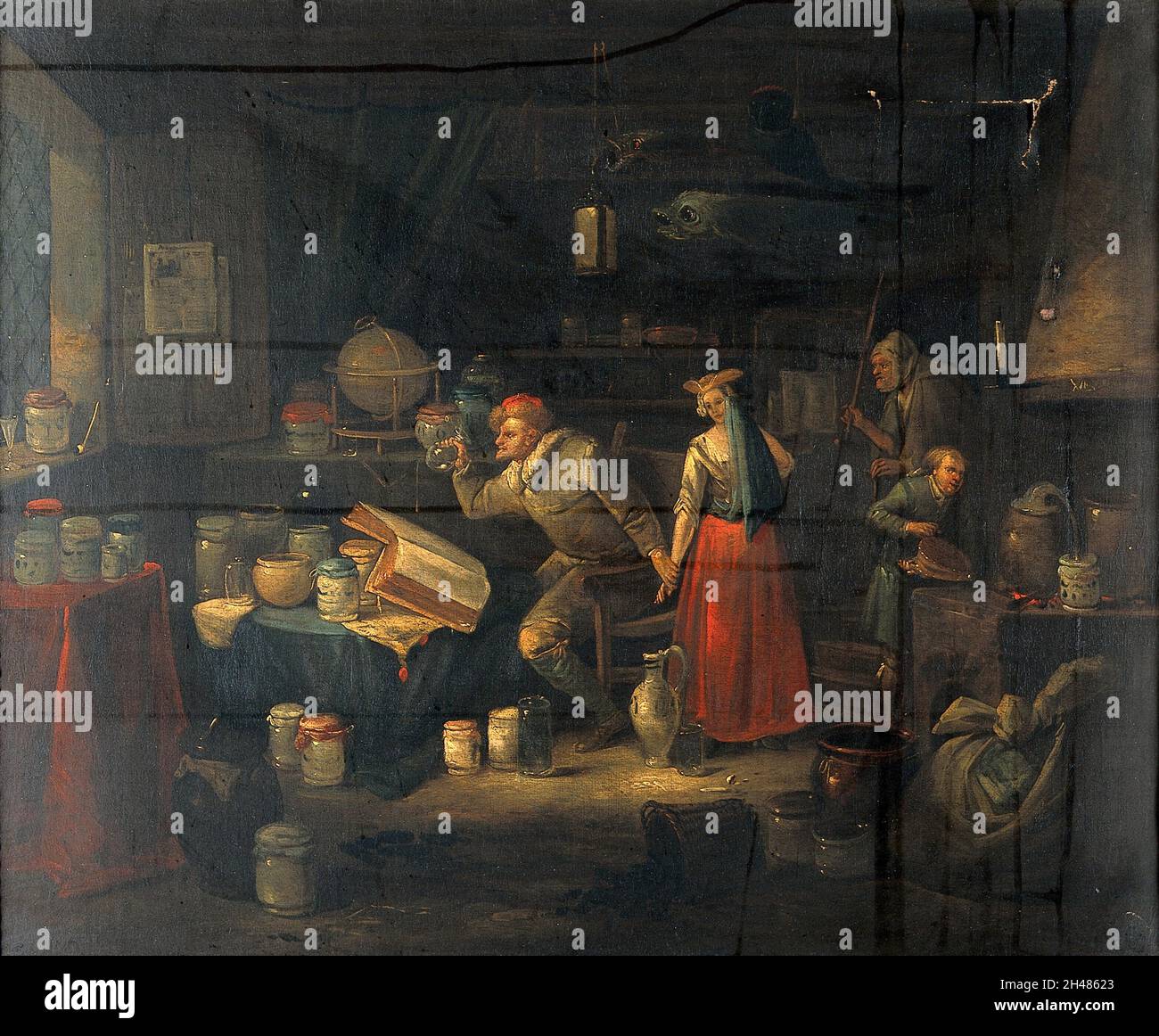 A man examining a urine flask. Oil painting by Egbert van Heemskerck ...
