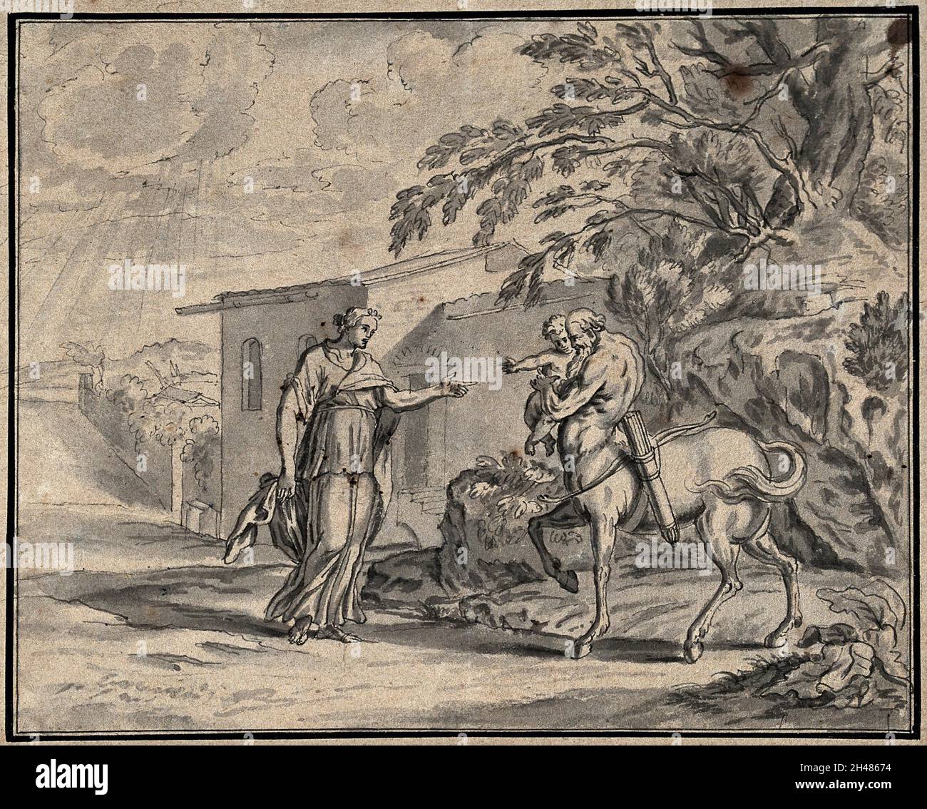 A centaur carrying a young child towards a female figure with arm ...