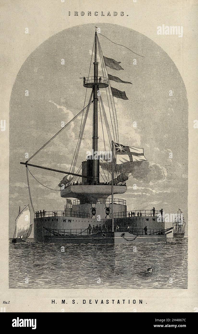 Armaments: an ironclad battleship, H.M.S. Devastation. Engraving, c ...