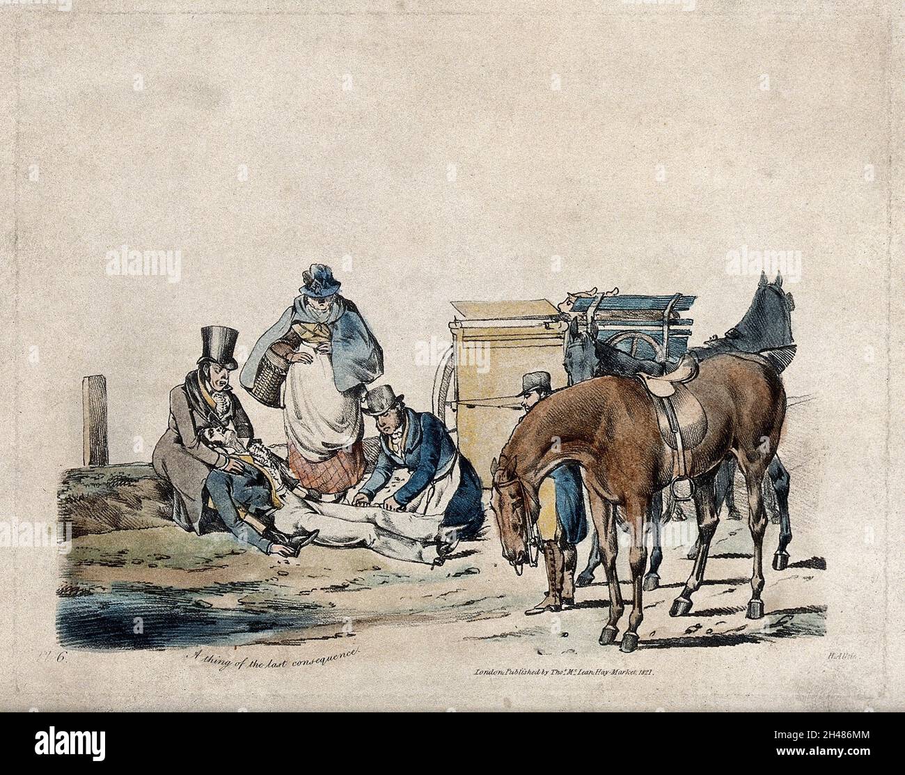 A dead or injured young huntsman is tended by two men and a lady ...