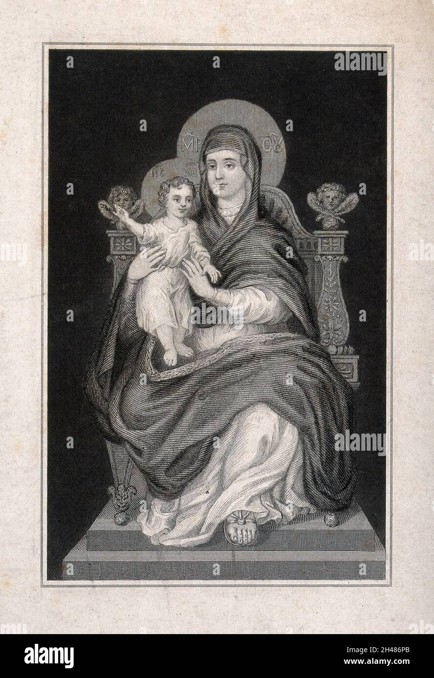 Saint Mary (the Blessed Virgin) with the Christ Child. Engraving Stock ...