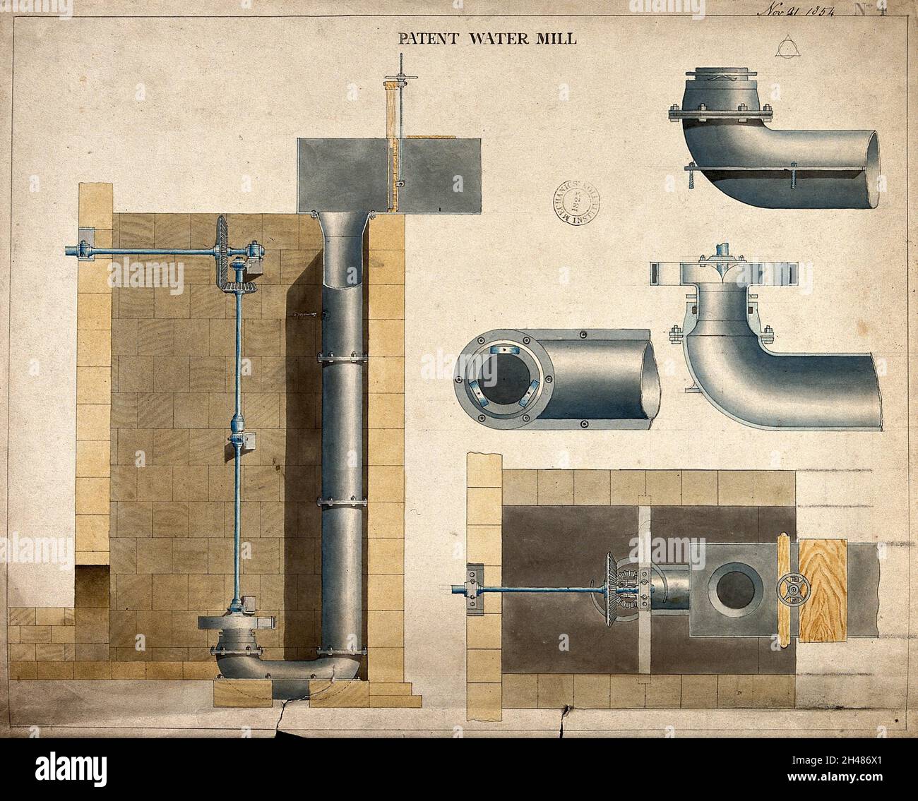 Machinery: a steam-driven water mill. Coloured drawing, 1854 Stock ...