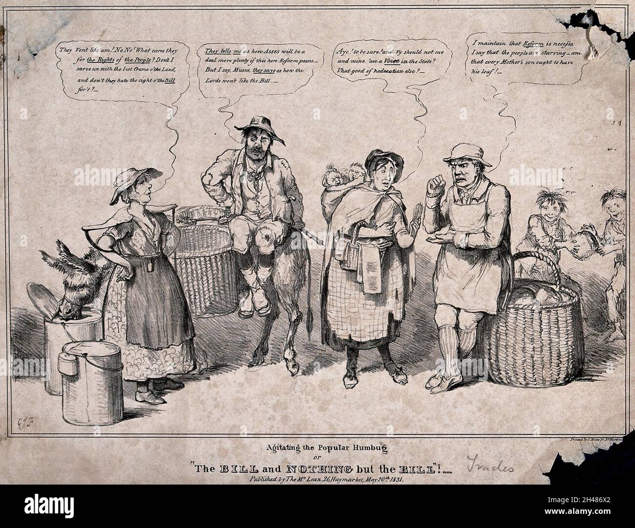 Four people with a donkey and baskets of goods are standing around ...