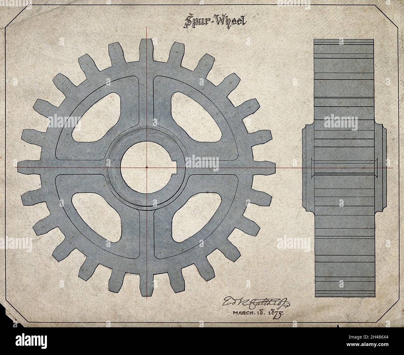 Engineering: a large cogwheel, front and side elevations. Coloured ...