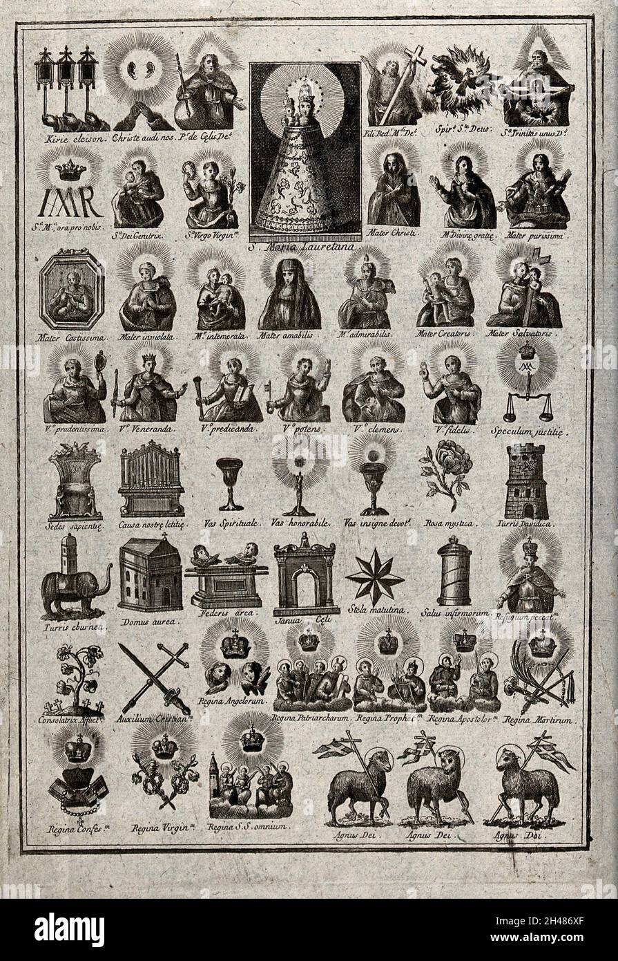 A table of Christian signs, symbols and images; top centre the Virgin ...