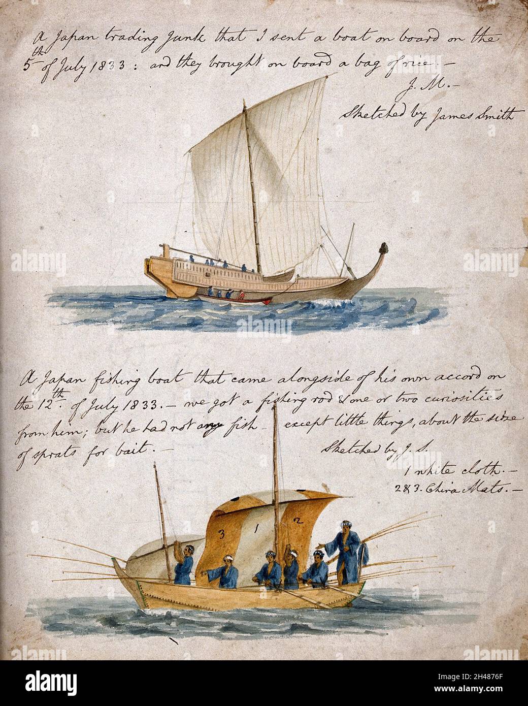 Ship-building: two types of Japanese boat. Drawing by J. Smith, c.1833 ...