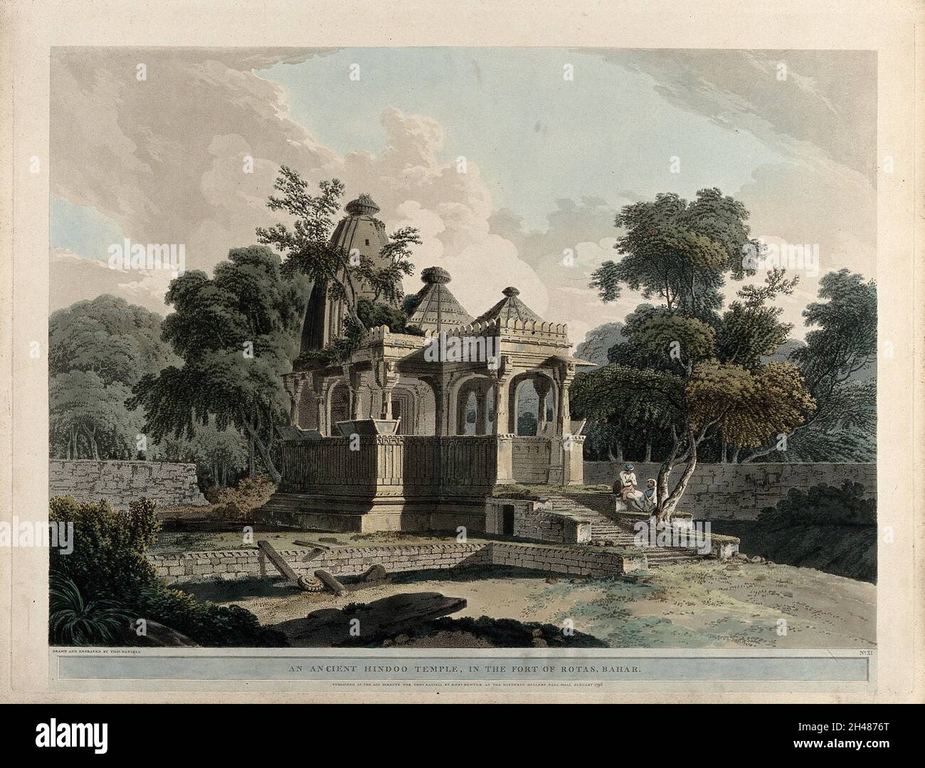 Hindu temple in the fort of Rotasgarh, Bihar. Coloured aquatint by ...
