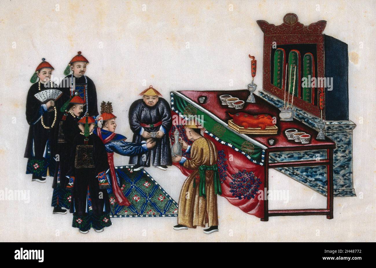 A Chinese religious ritual. Painting by a Chinese artist, ca. 1850 ...